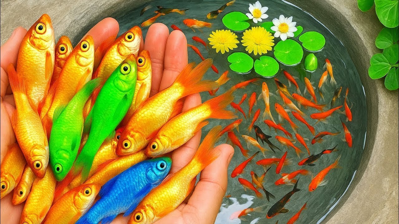 Great catching fish,kiofish,goldfish,colorful fish at big rice fields ...