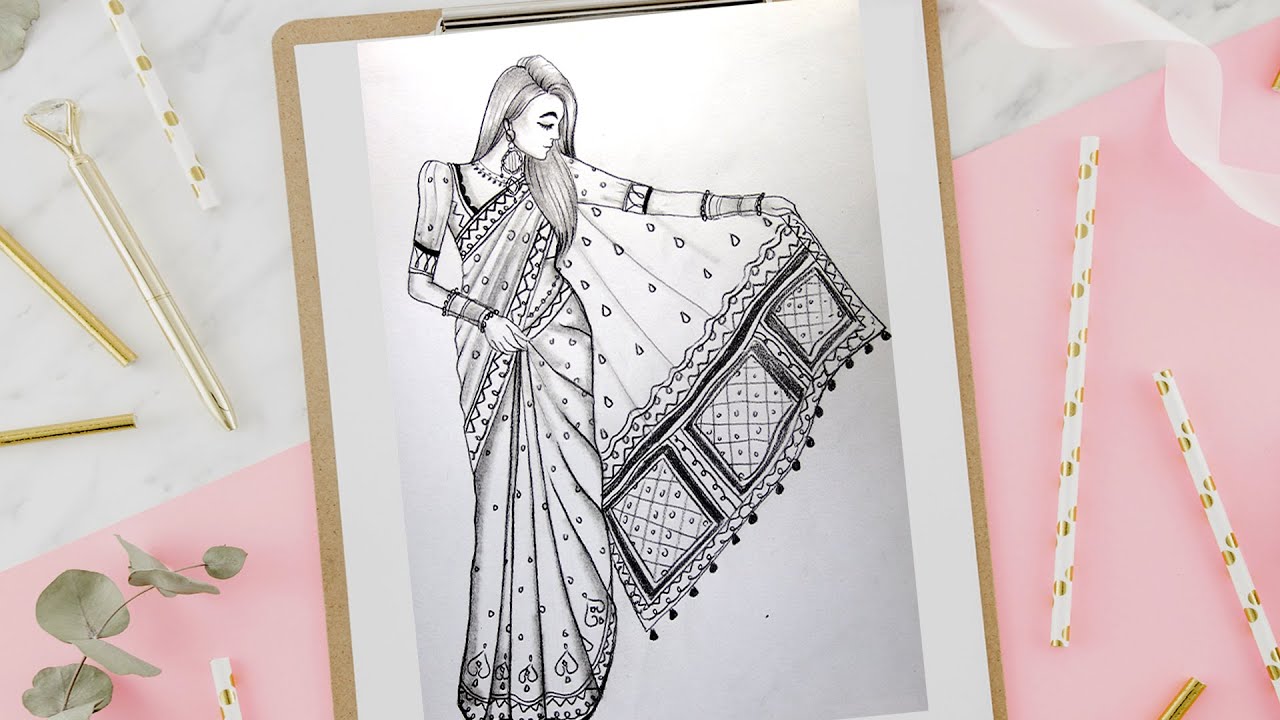 How to draw a traditional Girl with beautiful saree || Pencil sketch ...