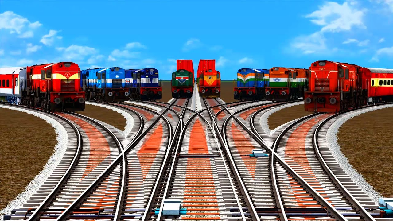 8 Different Trains Risky Crossing On Dangerous Sharp Bend Same Line ...