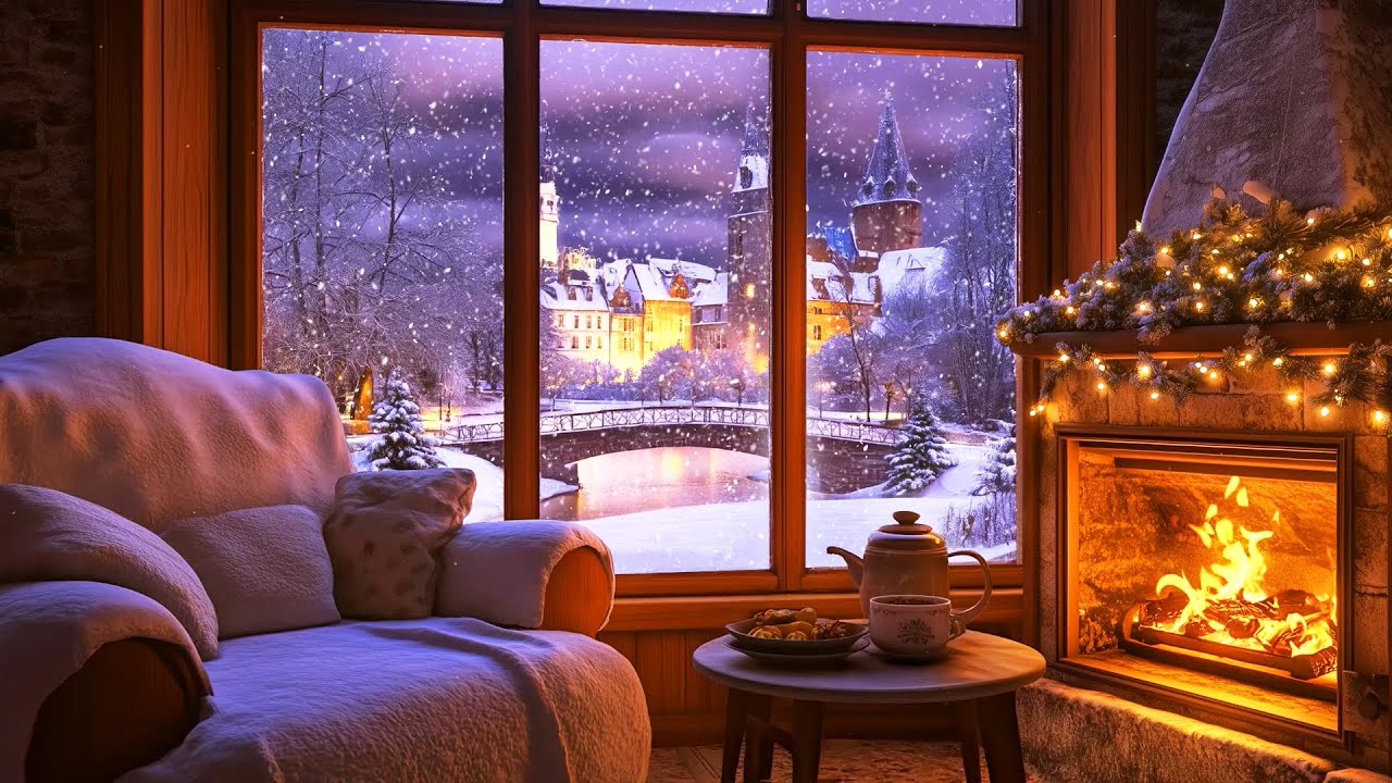 Winter Ambience with Gentle Snowfall ️ Crackling Fireplace & Snowfall ...