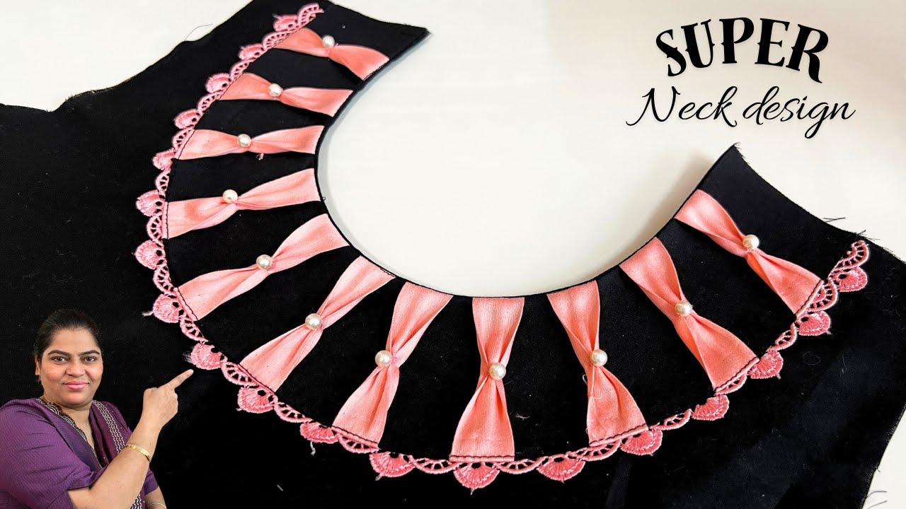 Superb Neck Design With Moti And Lace | Very Beautiful Neck Design In ...