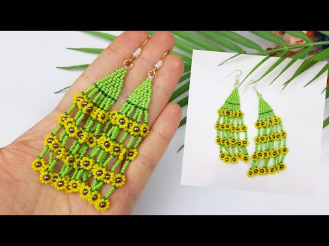 Boncuktan Saçaklı Çiçek Küpe Yapımı. Bead Sunflower Earrings Making.  Beading #Tutorial