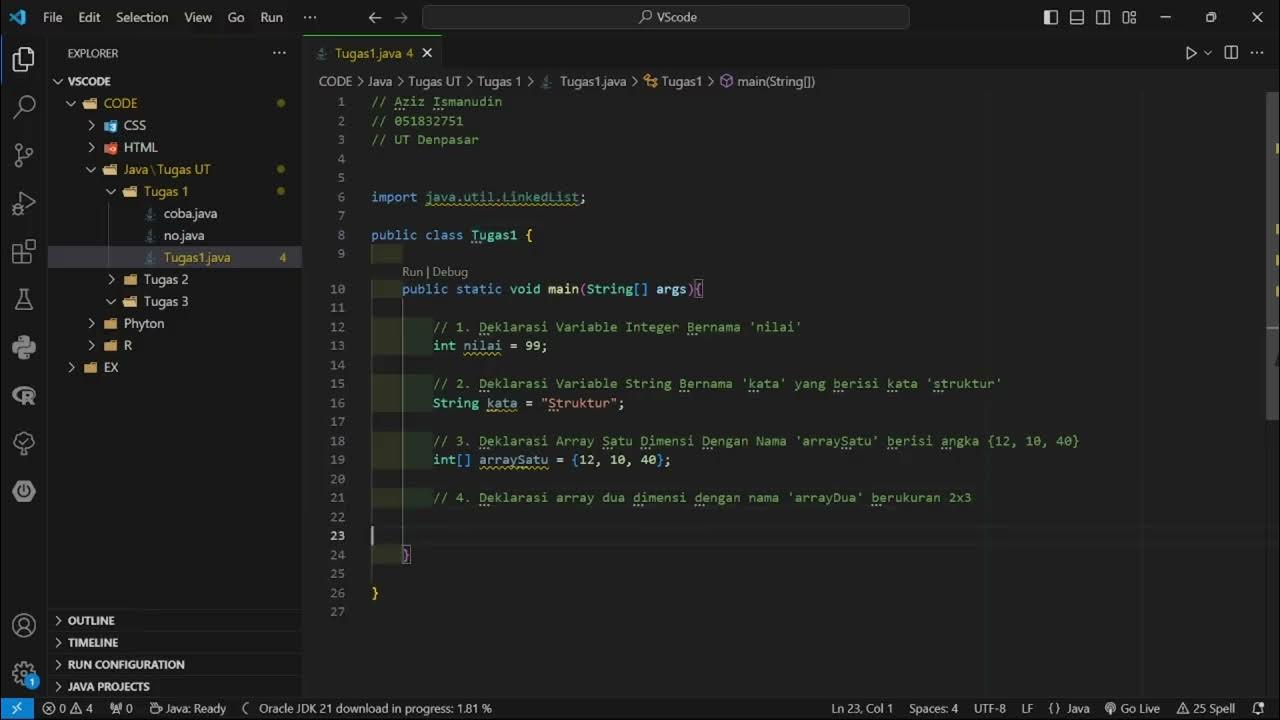 TUGAS 1 Struktur Data Universitas Terbuka: Membuat Array Dua dimensi dan LinkedList pada Java ...