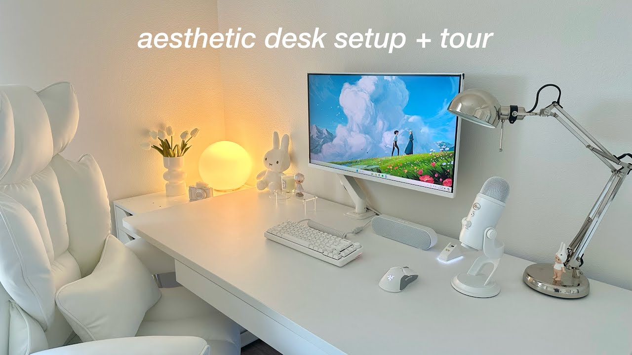 aesthetic and minimalistic desk setup + tour | 2024, white 🎧 | ft ...