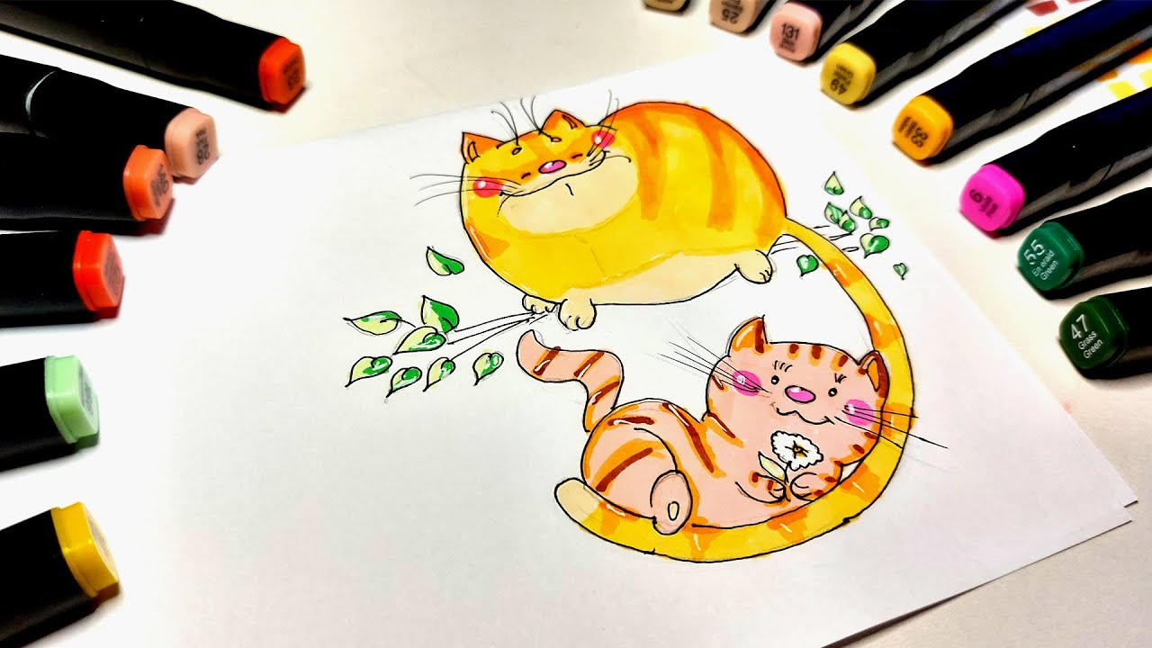 How to draw a 2 cute cats with markers? - YouTube