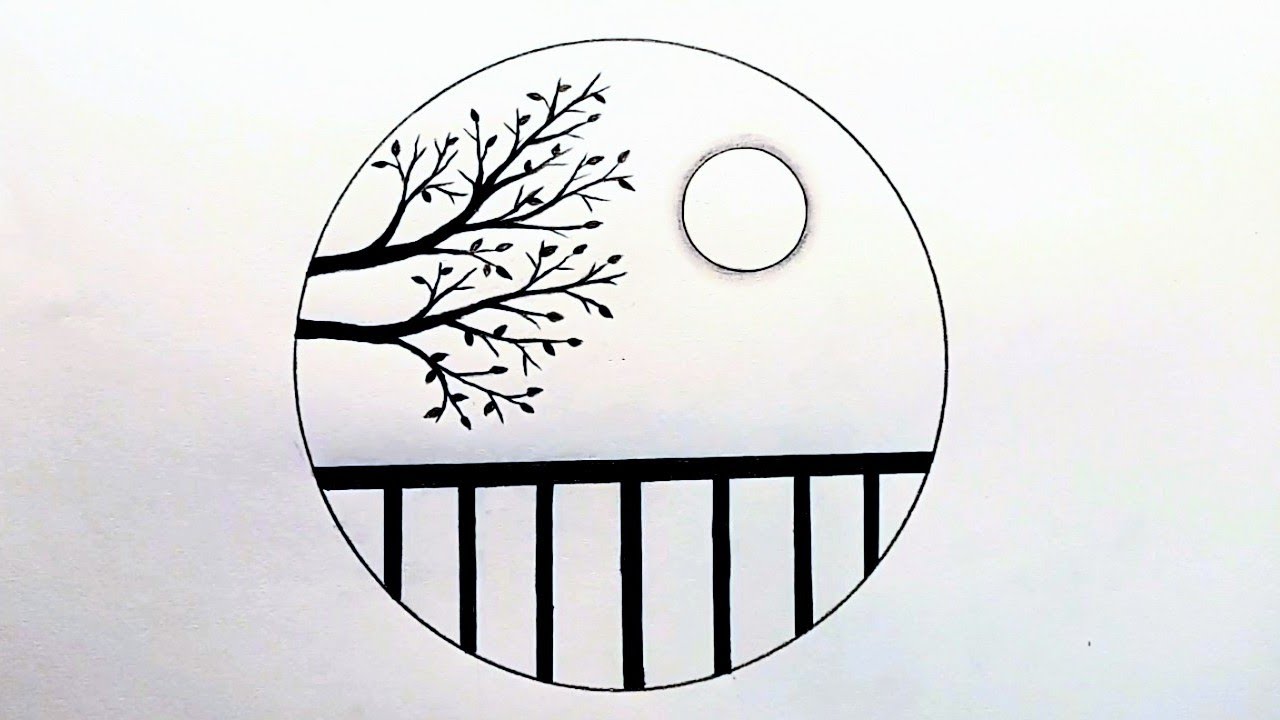 scenery drawing in circle/Easy nature drawing/Drawing in circle - YouTube