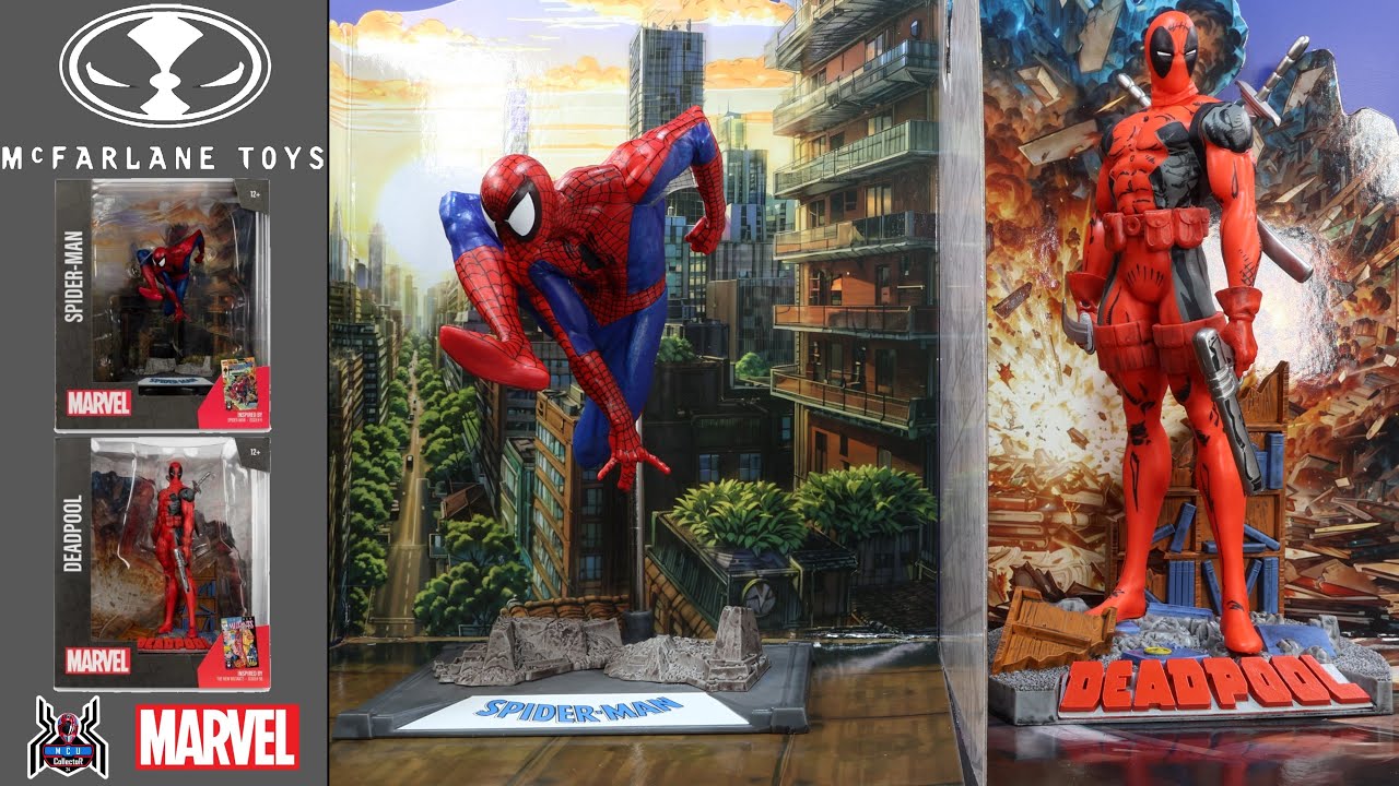 McFarlane Toys Marvel Collection Posed Figure Statues SPIDER MAN & DEADPOOL Review - YouTube