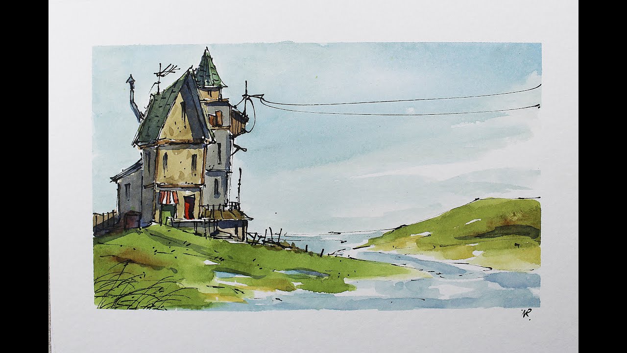 Sketching Doodle scene in Line and wash Full Real time watercolor by ...