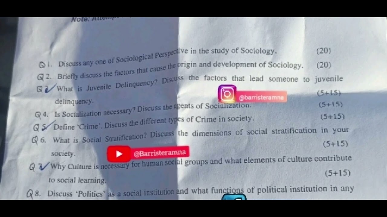 Sociology supply exam paper 2024 Punjab University Lahore LLB 5 years ...