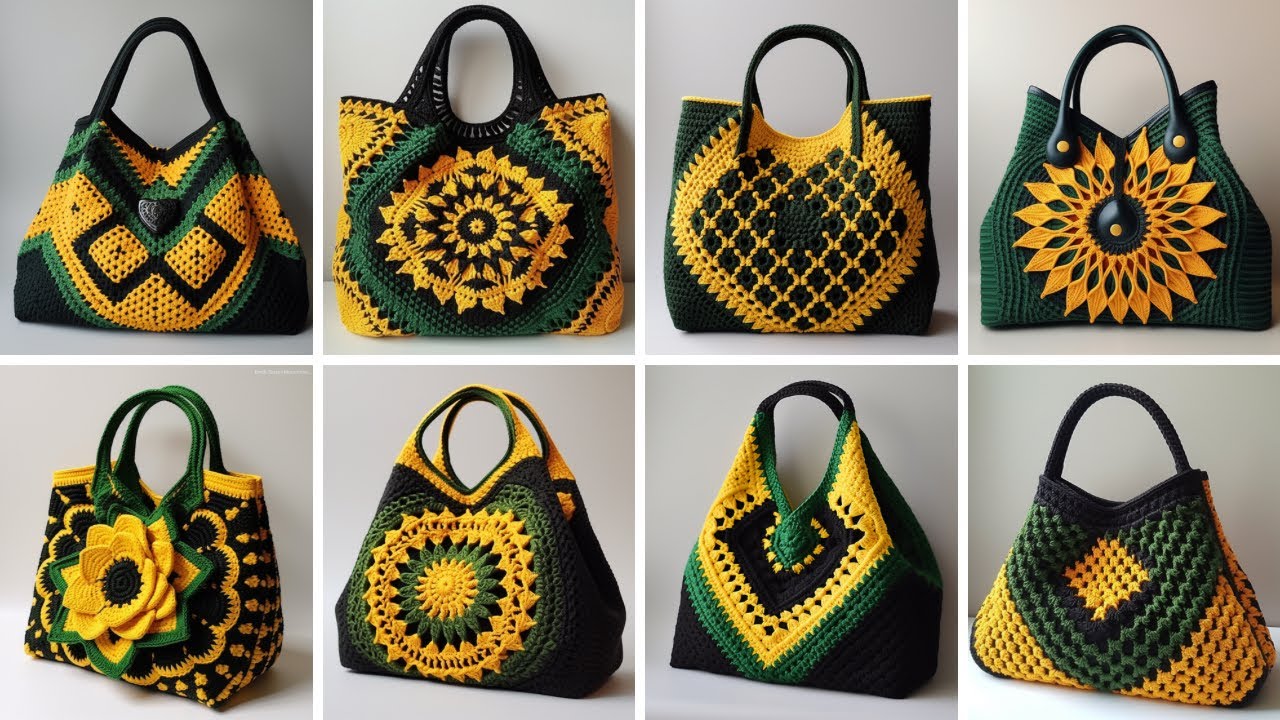 GRANNY SQUARE & MORE CROCHET BLACK DARK GREEN AND YELLOW COLOR HANDBAG ...