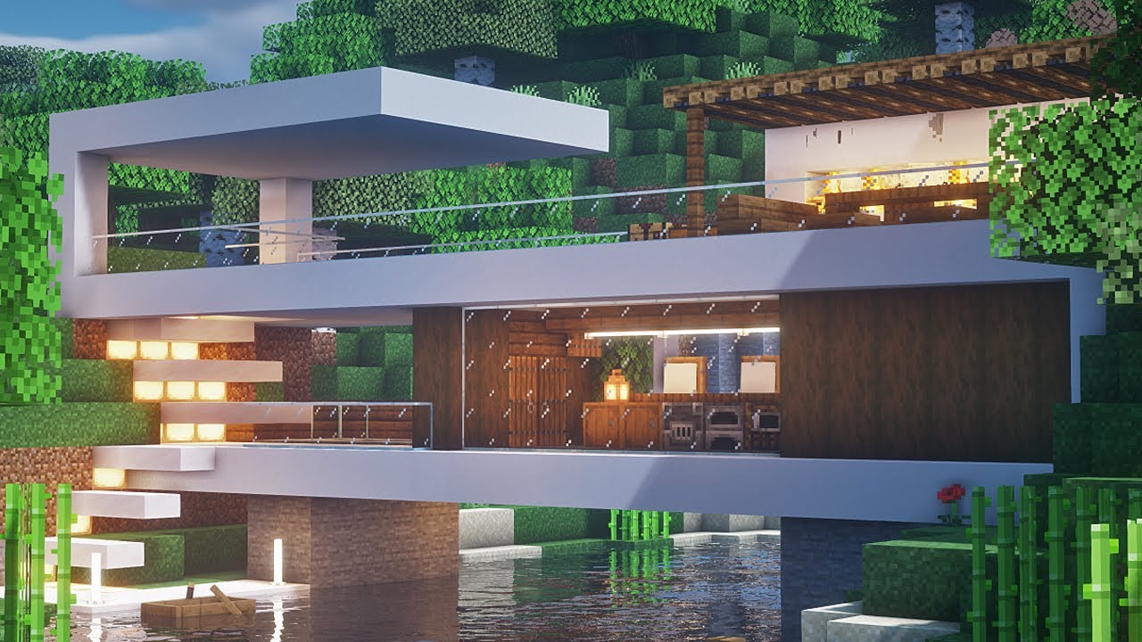 Minecraft : Modern Bridge House : Bridge House Above the Lake - YouTube