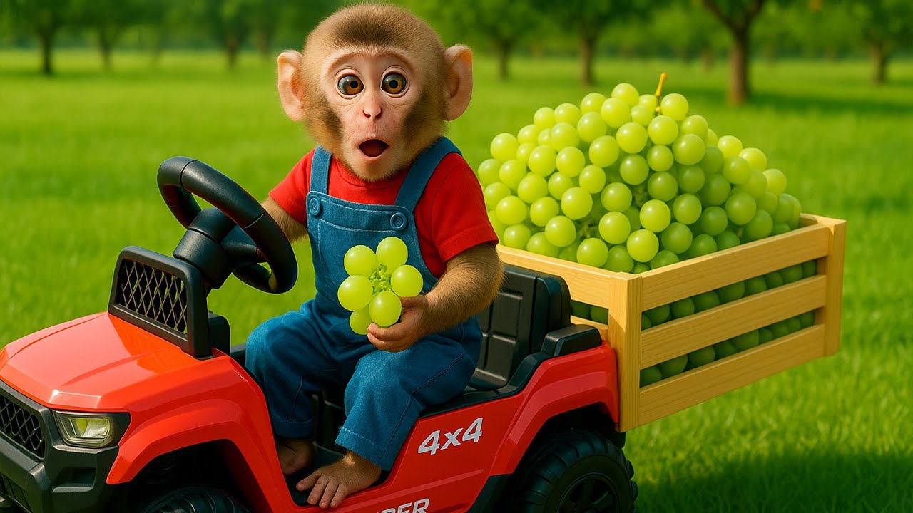 Monkey Mimi Drives A Car To Harvest Garden Fruits And Eats Sweet Grapes ...