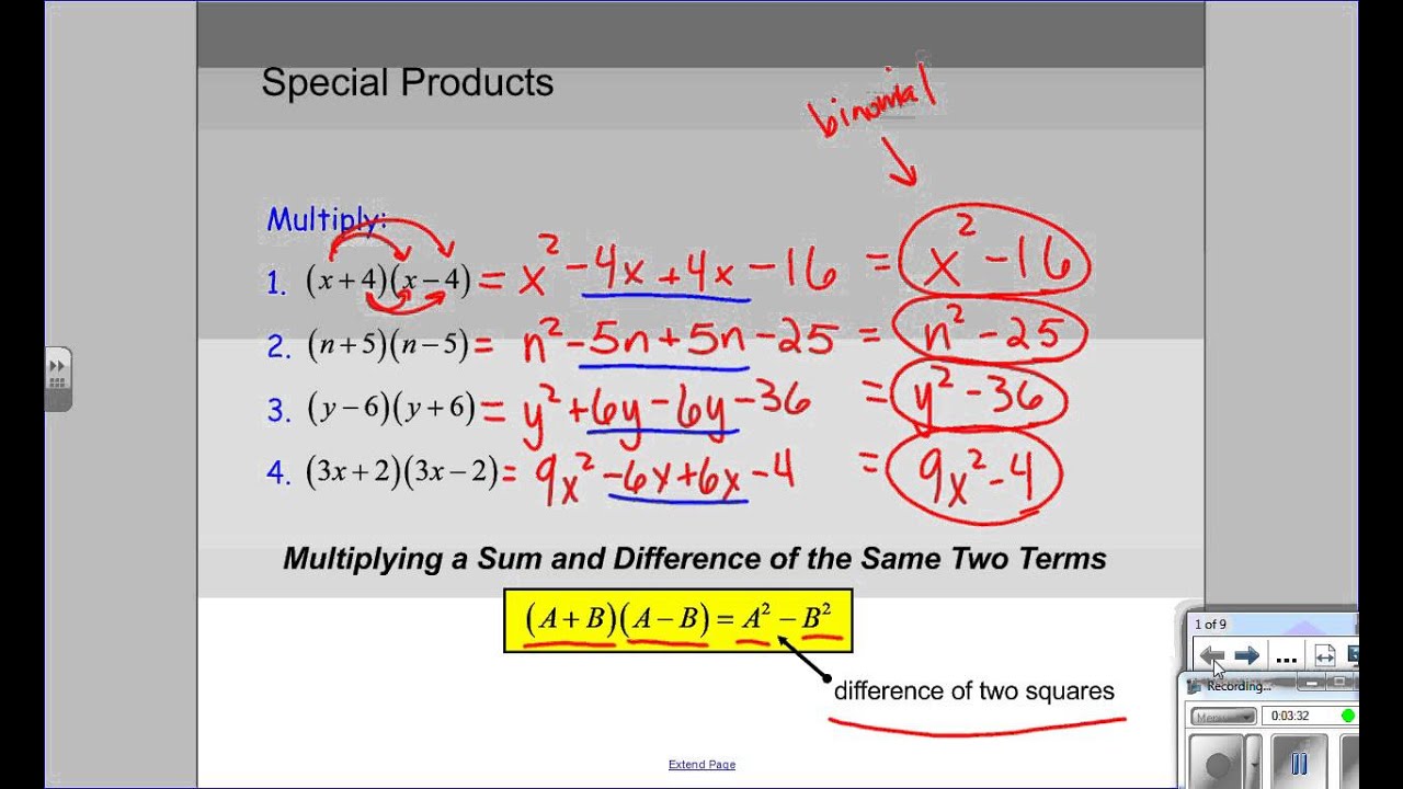 Special Products Difference of Two Squares - YouTube