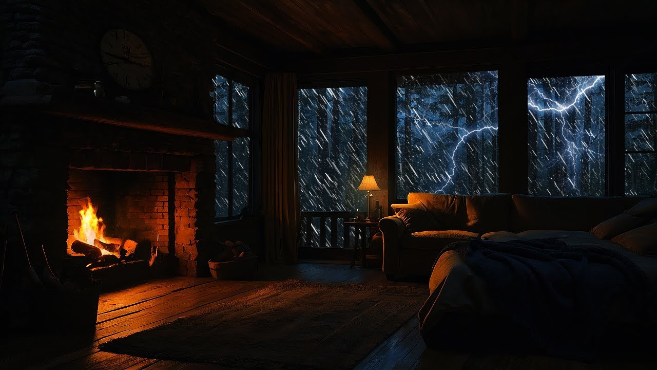 Warm Fireplace in Cozy Cabin | Shelter at Night on Rainy Forest for ...