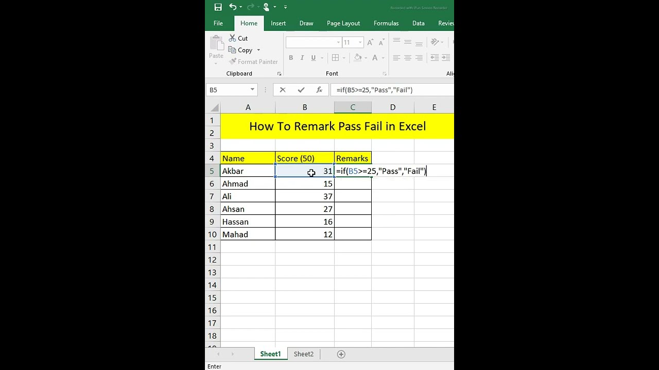 Add Pass Fail In Remarks Using Formula excel shorts YouTube Add Pass Fail In Remarks Using Formula excel shorts YouTube