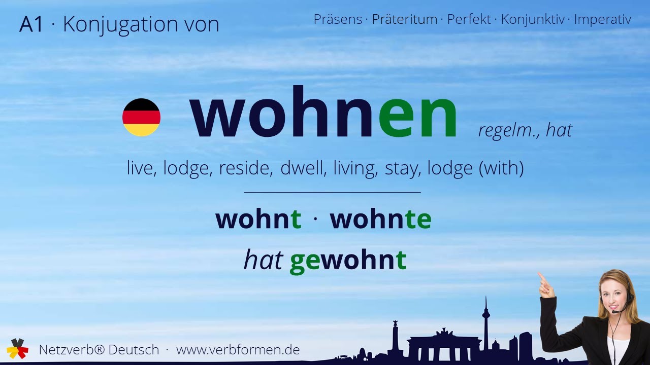 Konjugation Verb „wohnen“ (regelm., hat) - alle Zeitformen, Lernvideo ...
