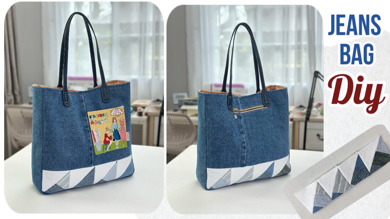 Denim easy patchwork into beautiful tote bag with 2 zipper and 4 ...