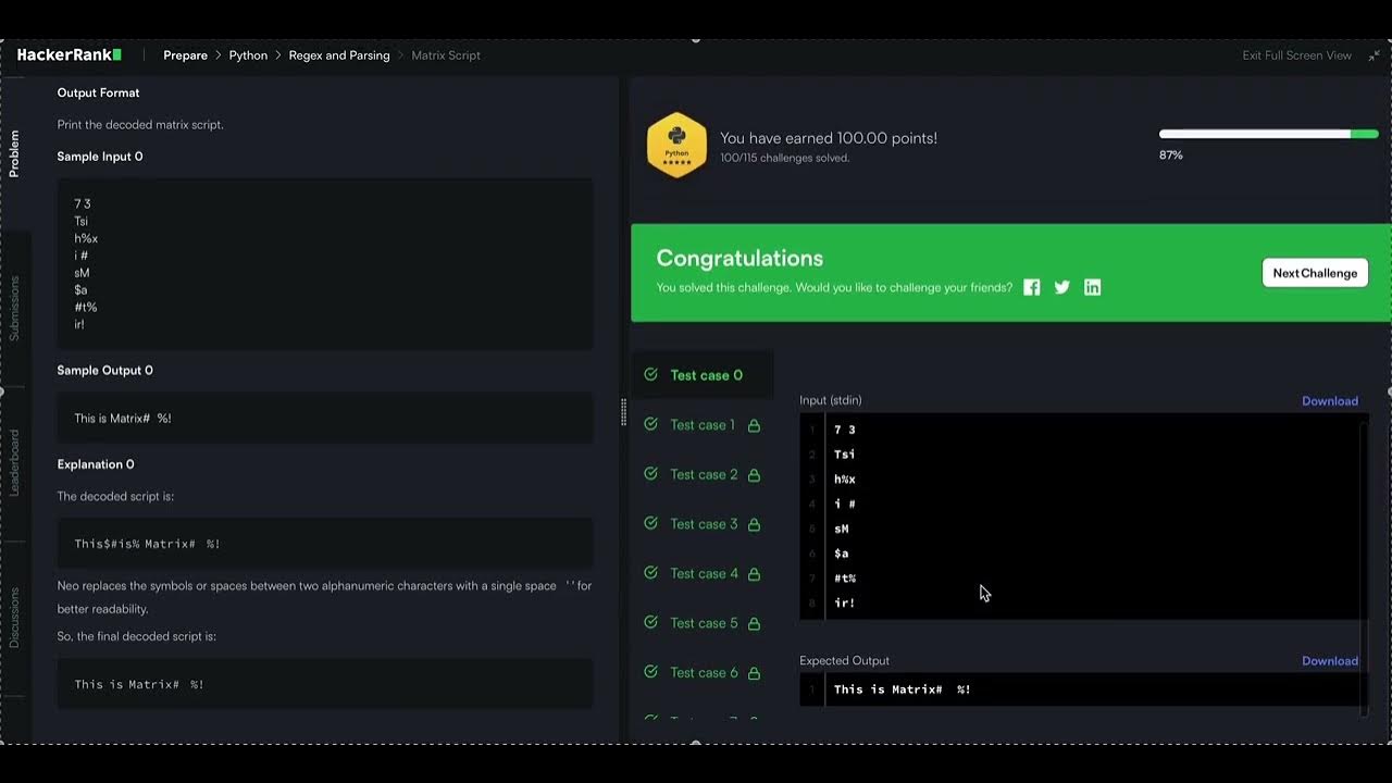 Hackerrank Python Solution 17 Regex And Parsing Matrix Script Youtube