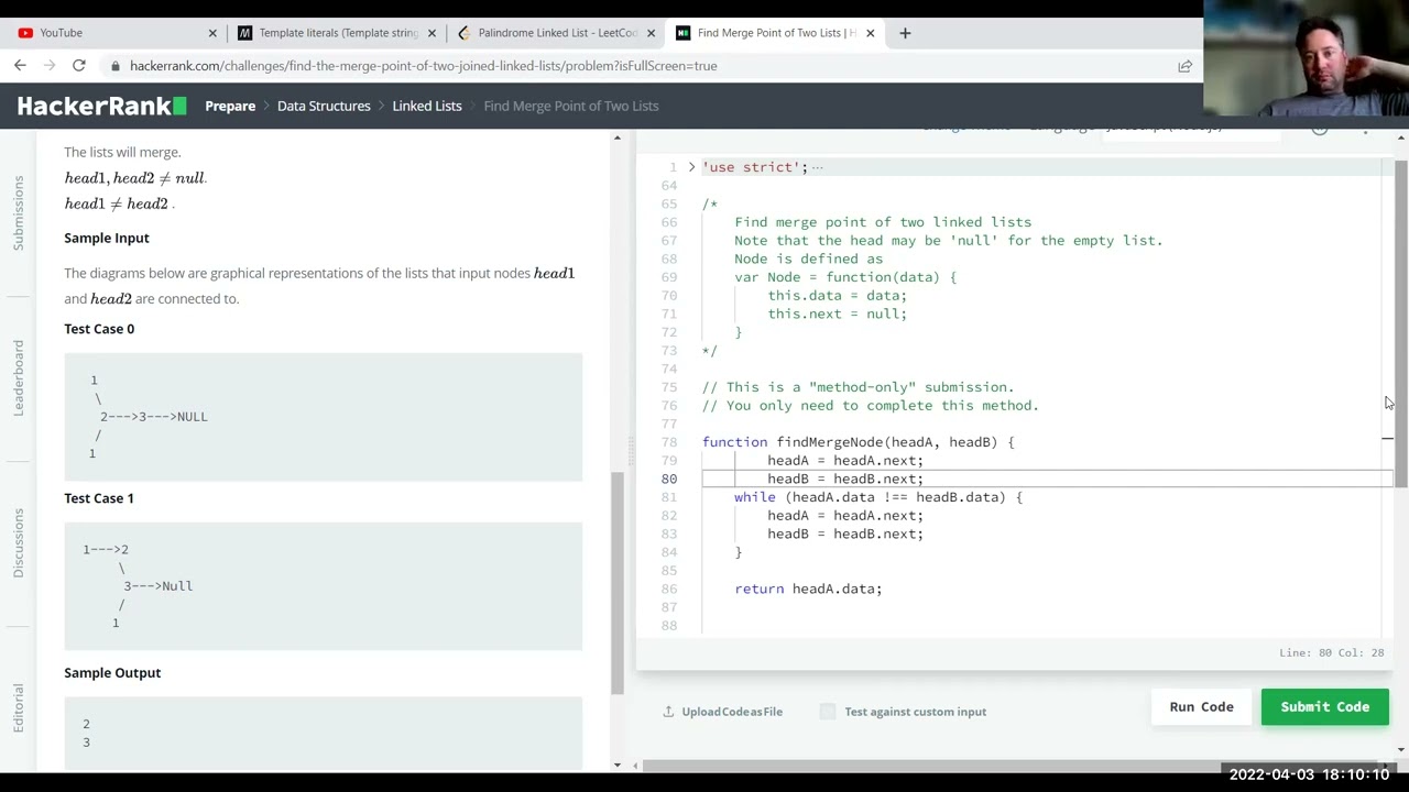 Find Merge Point Of Two Linked Lists Hackerrank Javascript Time O n Space O 1 YouTube Find Merge Point Of Two Linked Lists Hackerrank Javascript Time O n Space O 1 YouTube