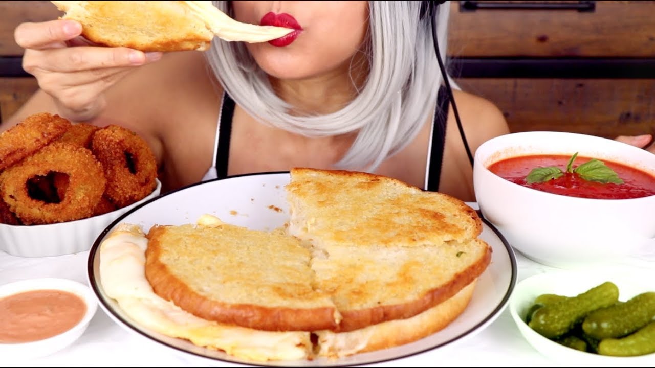ASMR Eating Giant Grilled Cheese ft. Onion Rings, Pickles | Extra ...