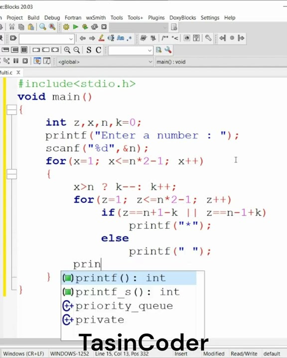 Star Pattern in c language using for loop and if else @TasinCoder - YouTube
