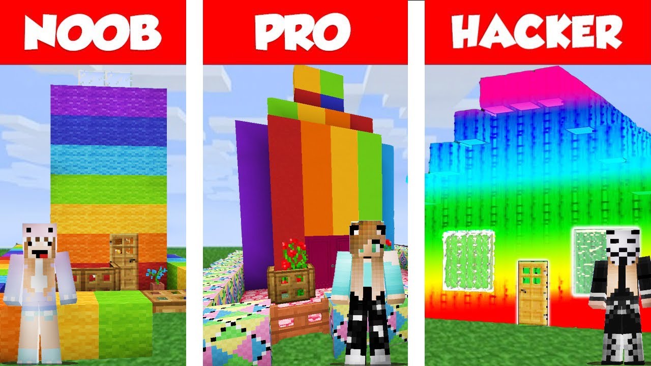 Minecraft Battle: RAINBOW HOUSE BUILD CHALLENGE - NOOB vs PRO vs HACKER ...