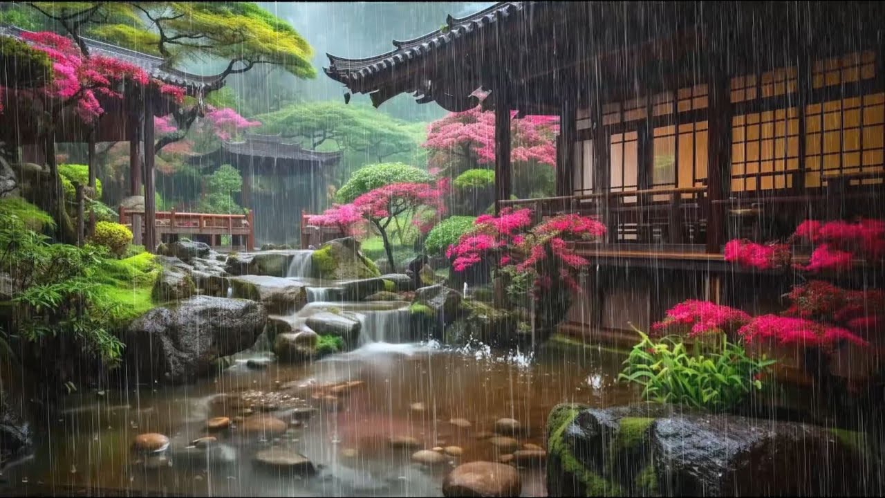 Enjoying Cozy Rain In Japanese Zen Garden With Gurgling Water 🌹 ...