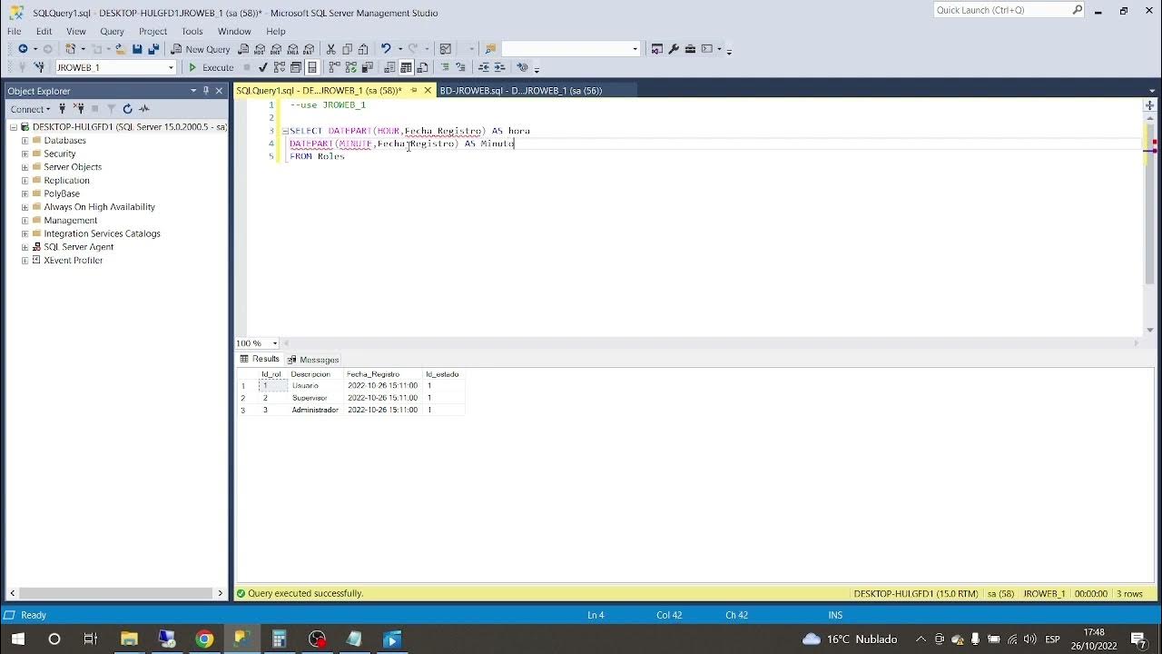 Como obtener la hora, minutos y segundos en sql server - YouTube