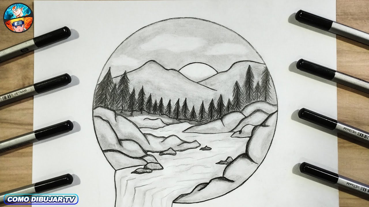 Como dibujar un PAISAJE, montañas y lago | How to draw a landscape ...