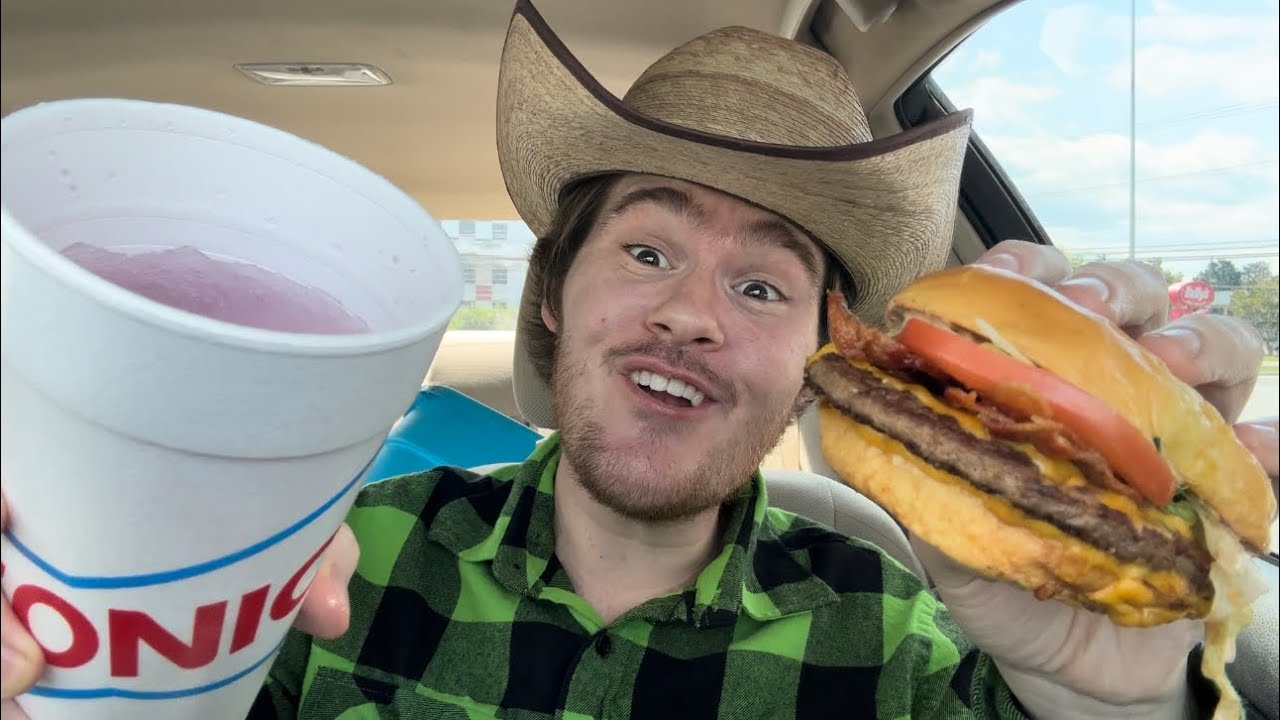 Sonic Griller Cheeseburger and Red Bull Juneberry Slush Review - YouTube