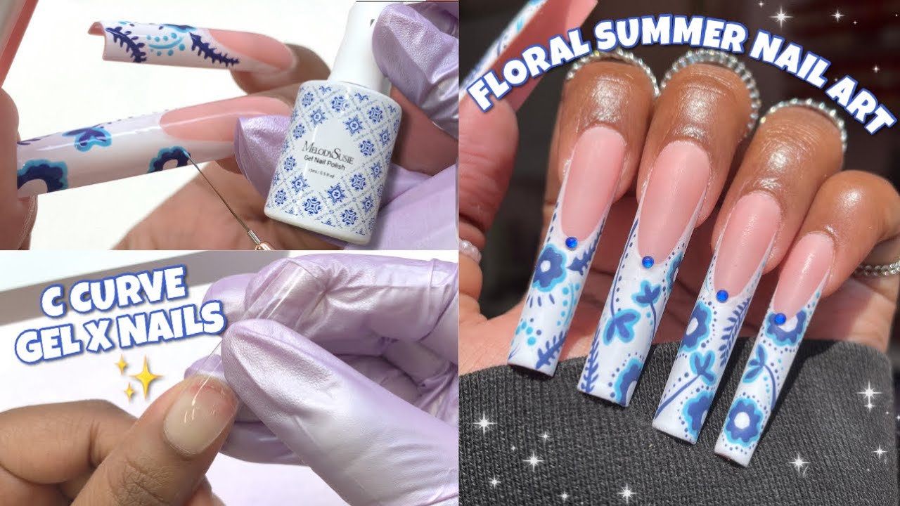 TRYING 3XL SCULPTED C CURVE GEL X EXTENSIONS! | FRENCH TIP FLORAL NAIL ...