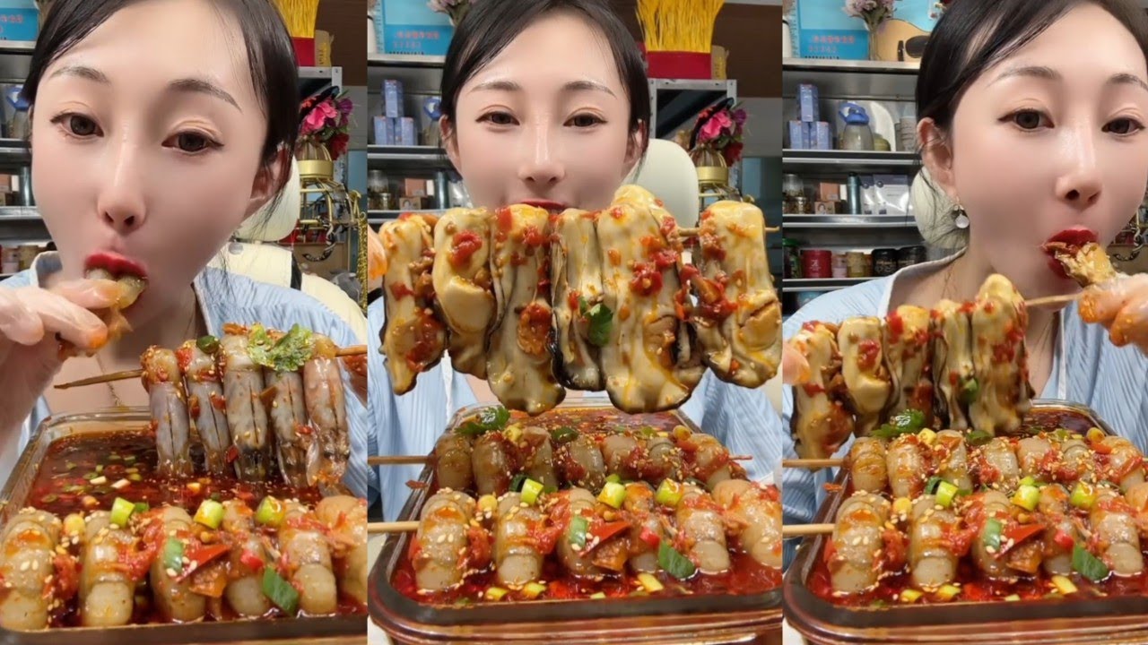MUKBANG ON DOUYIN | ASMR |( prawn fish , sausage....) DESSERT | EATING ...