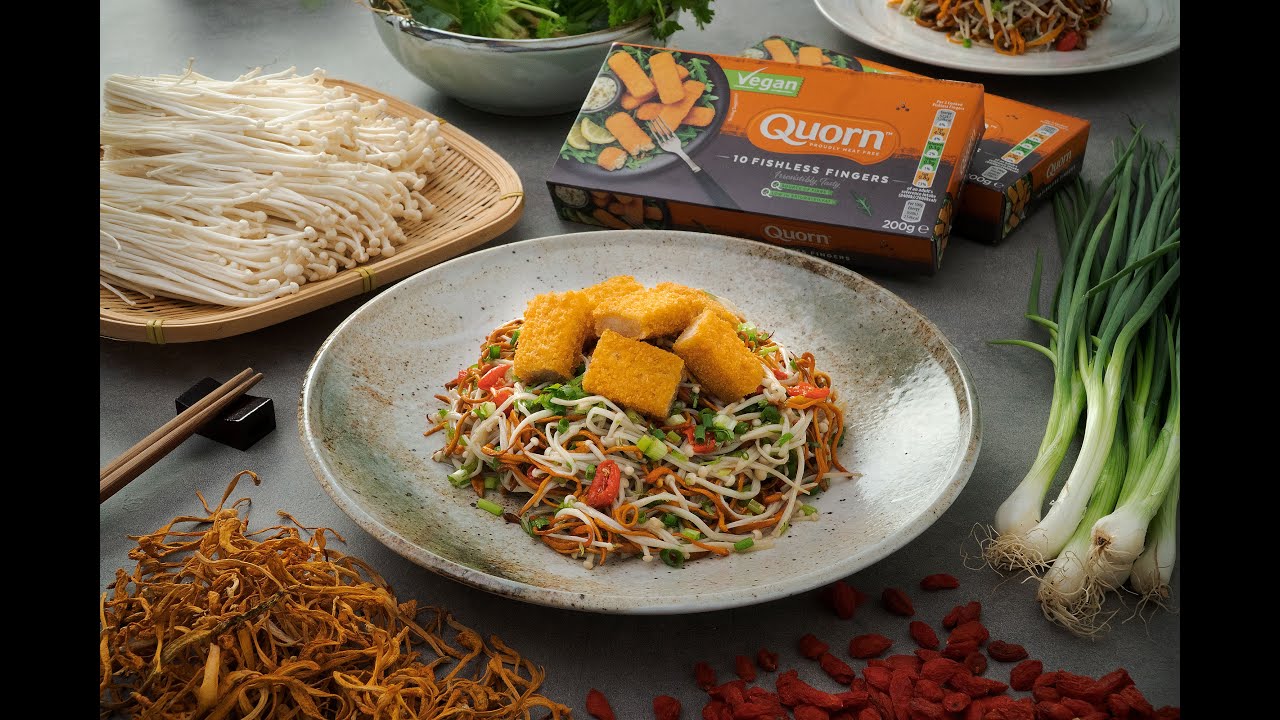 Crispy Vegan Fishless Fingers topped on Enoki Mushrooms and Cordyceps ...