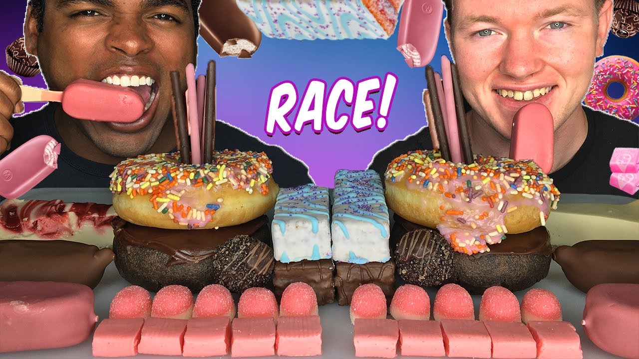 ASMR PINK & CHOCOLATE DESSERT RACE! *UNICORN CAKE, MAGNUM ICE CREAM ...