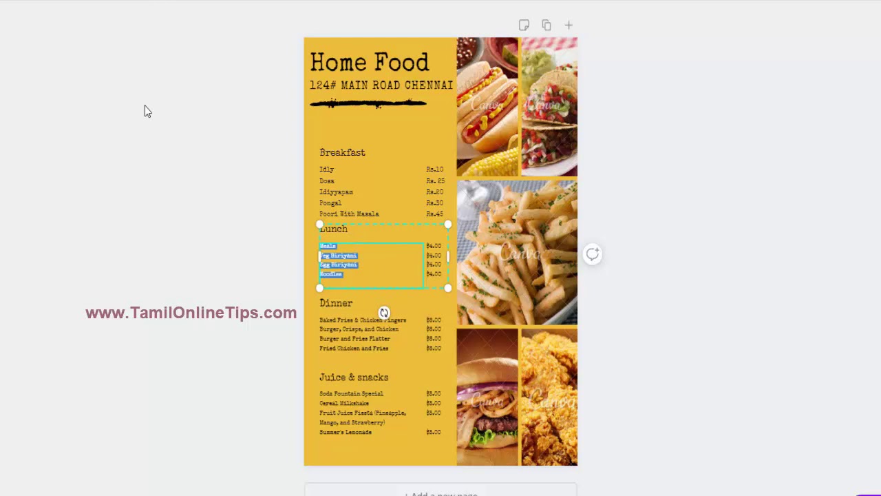 Canva Tutorials In Tamil | How To Create Menu For Free - YouTube