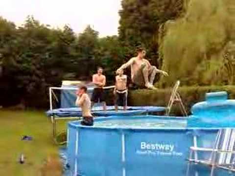 trampoline to swimming pool with inflatable chair - YouTube