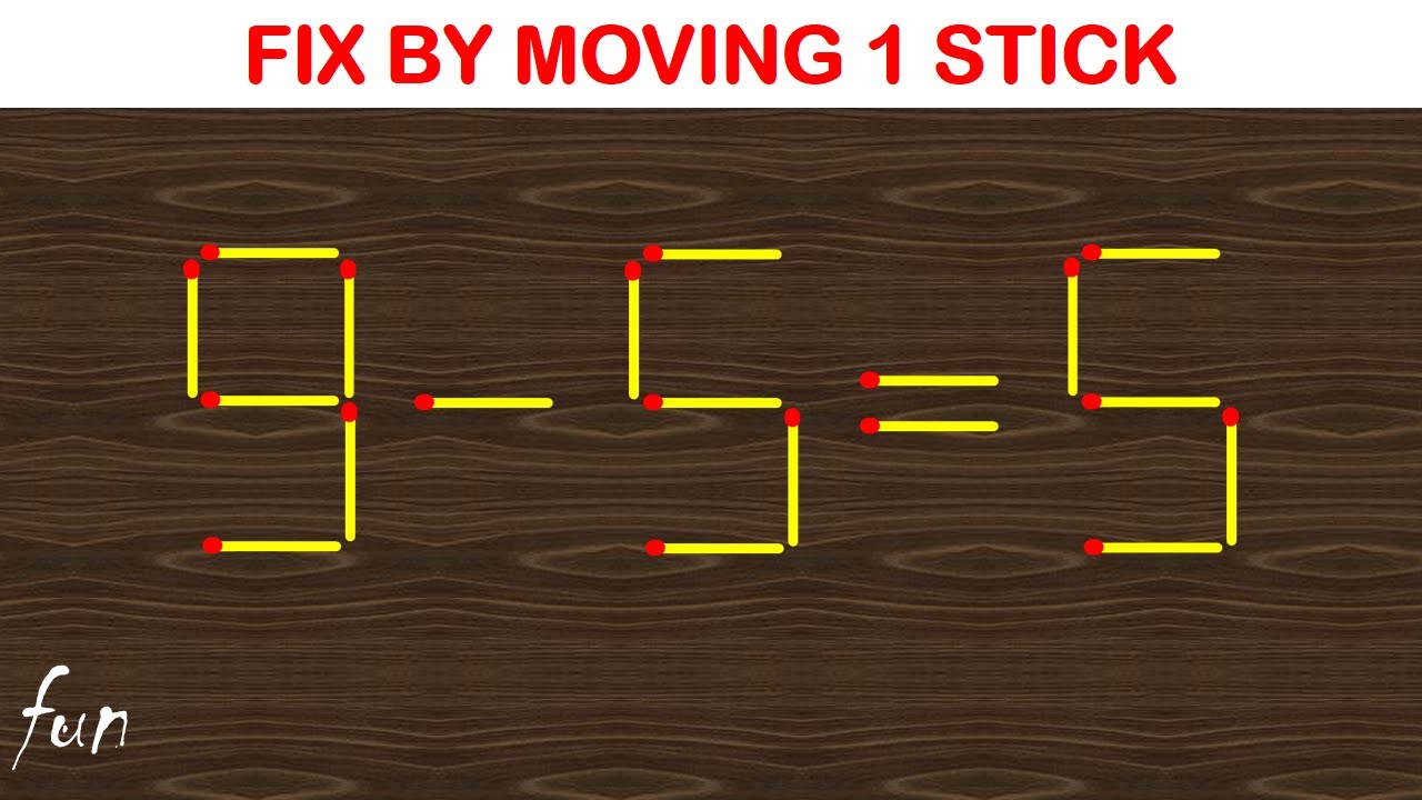 Move only 1 stick to make equation correct. Matchstick puzzle 9-5=5 ...
