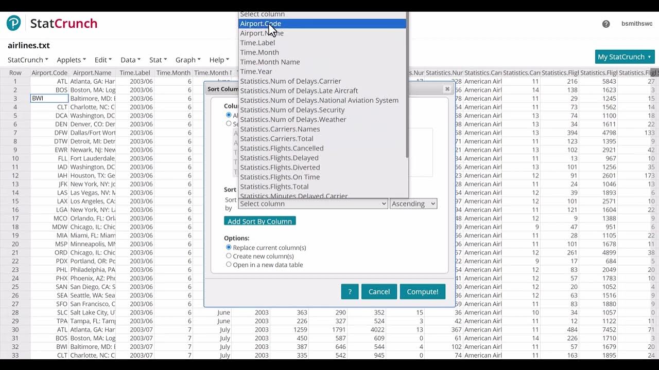 Arrange, split, and analyze data columns in StatCrunch - YouTube