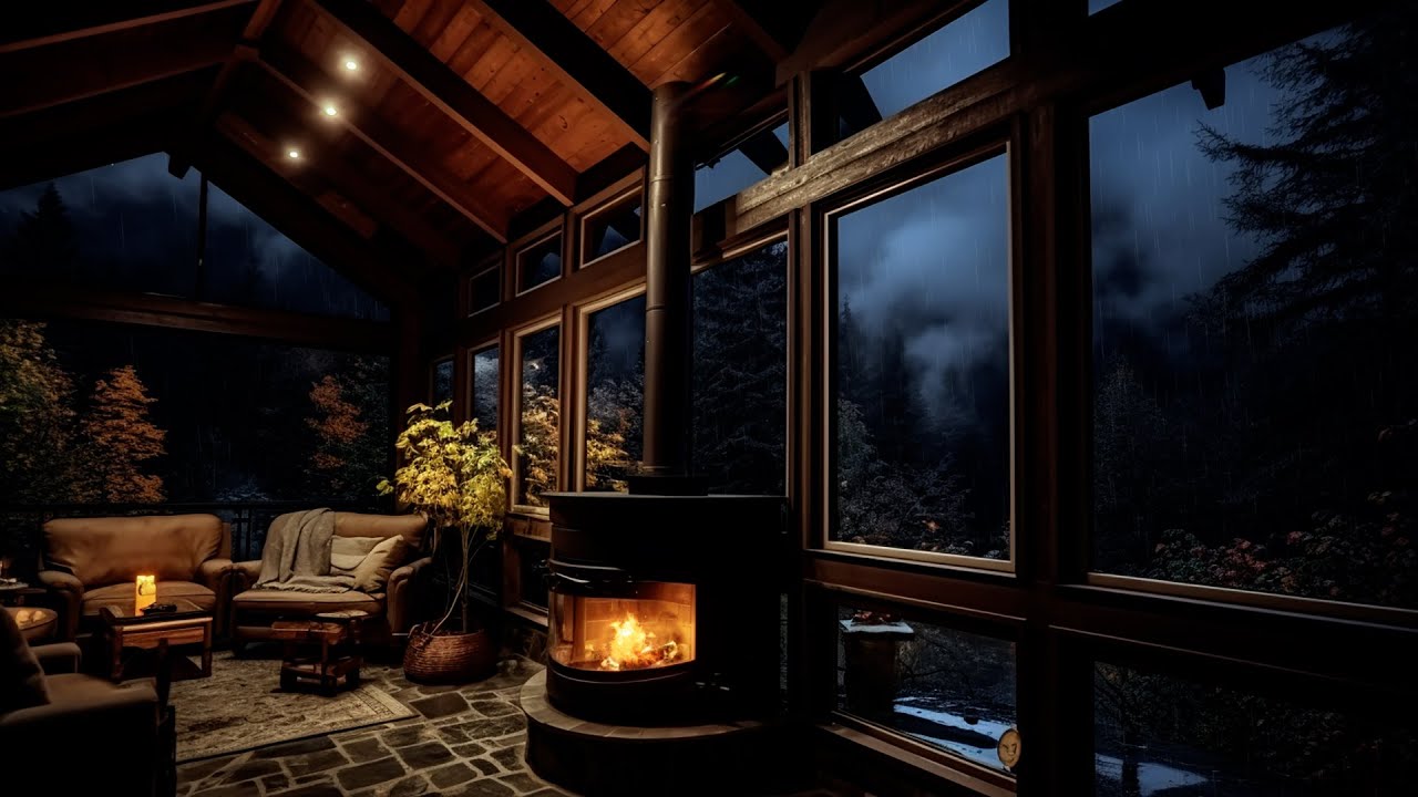 3 Hours | Fireplace And Rain For Relaxing Evening Ambience | Peaceful ...