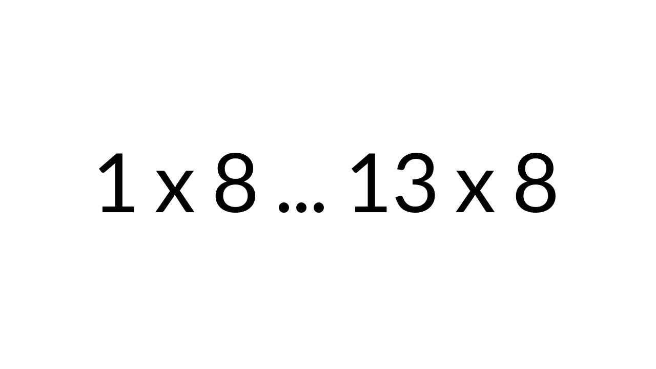 Multiplication Table times 8, from 1 x 8 to 13 x 8, in order, silent ...