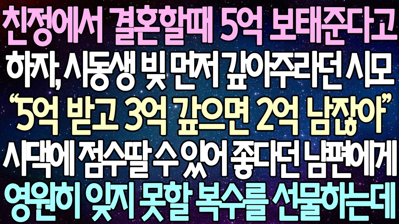 반전 사연 친정에서 결혼할때 5억 보태준다고 하자 시동생 빚 먼저 갚아주라던 시모 시댁에 점수딸 수 있어 좋다던 남편에게 영원히 잊지 못할 복수를 선물하는데 사이다