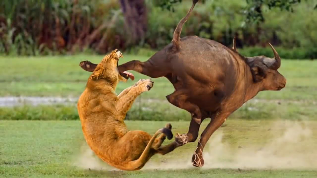 Kick from the buffalo that paralyzed the lion instantly, until it ...