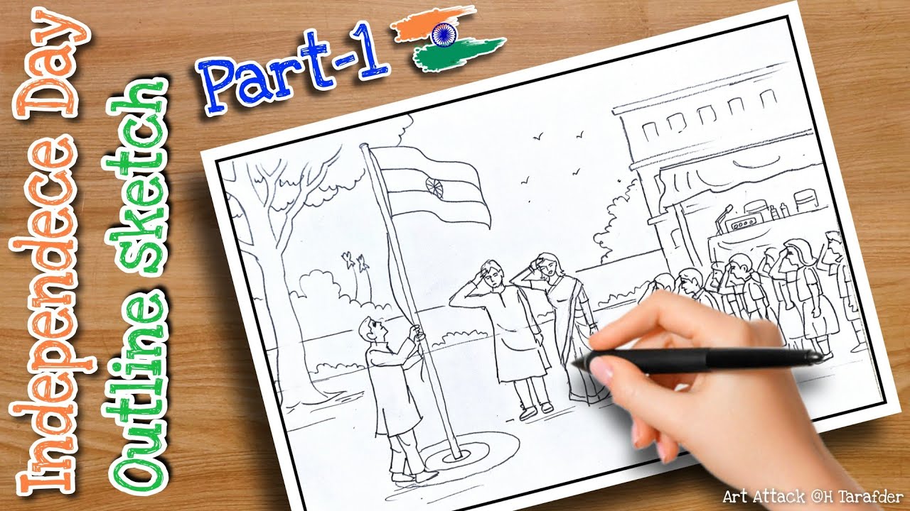 How to draw independence day celebration at school | pencil outline ...