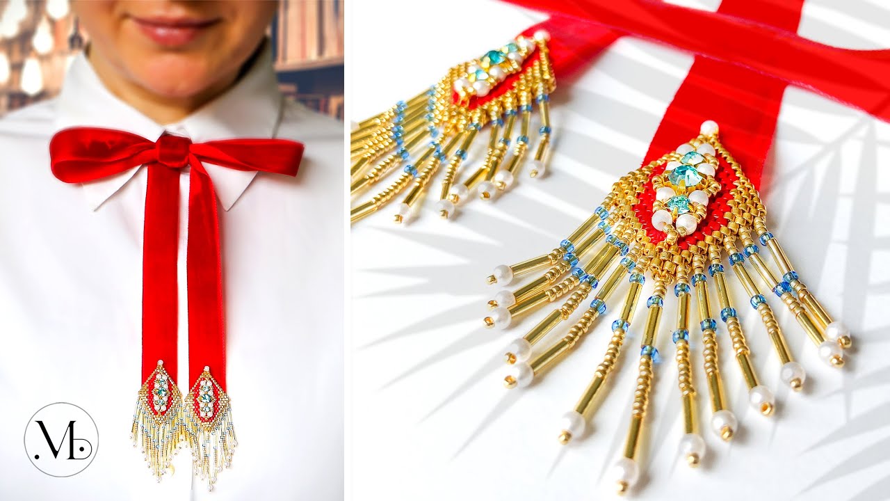 ‘Scarlett’ red velvet ribbon neck bow beaded tips | Beading tutorial ...