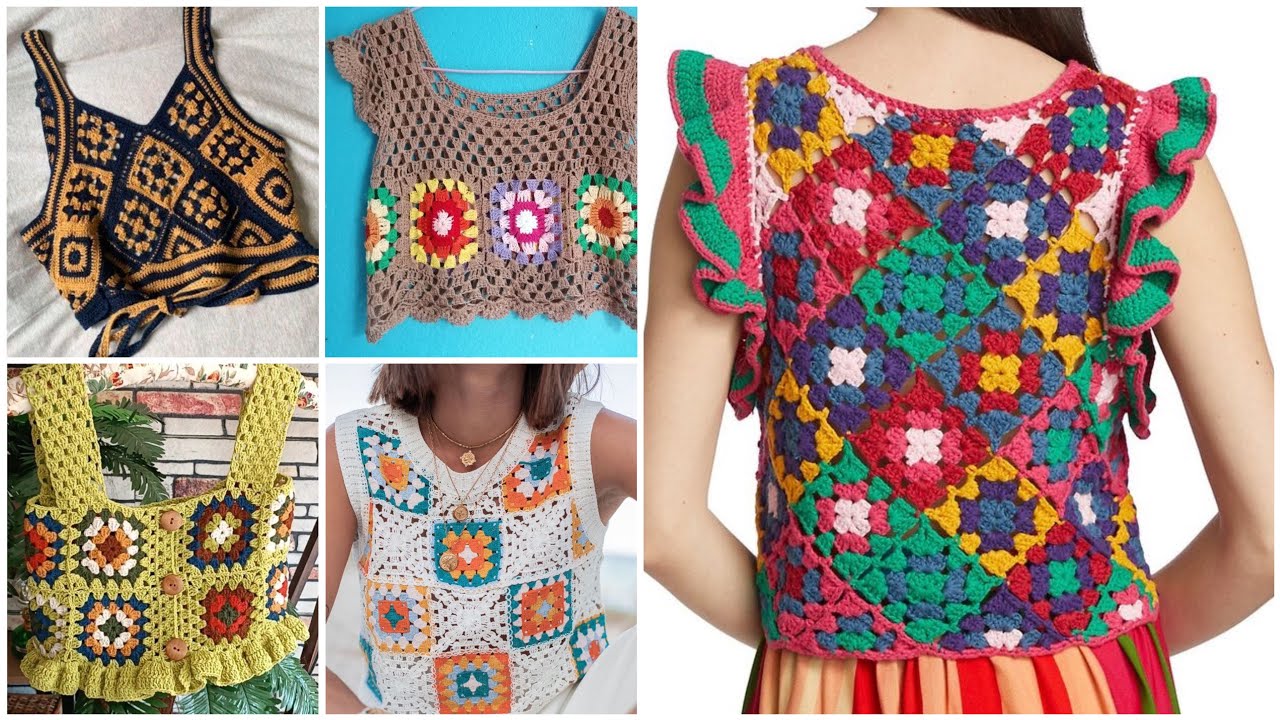 Most gorgeous granny crochet square pattern cotton thread top designs ...