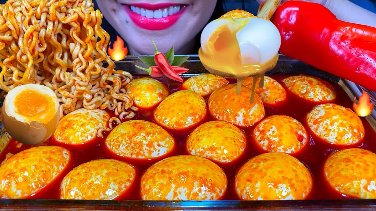 ASMR SOUPY FIRE NOODLES + MASSIVE SOFT BOILED EGG FEAST + SWEET PEPPER, MUKBANG Eating Sounds ...
