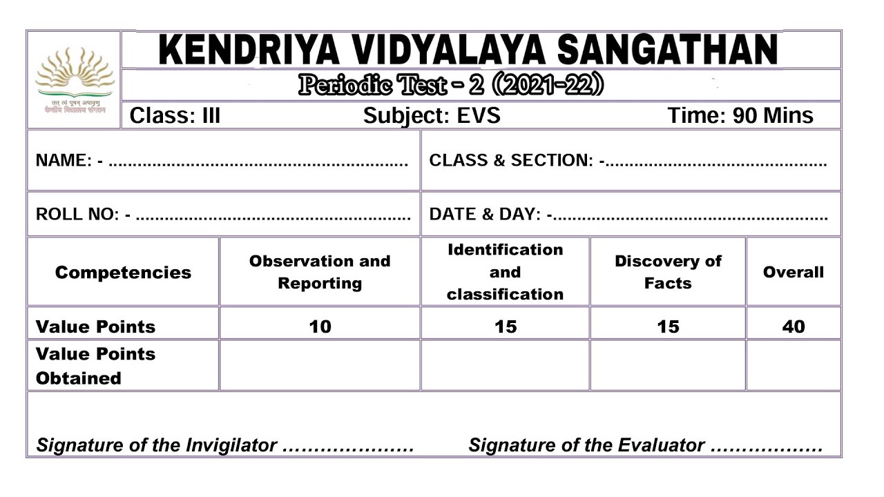 Class 3 EVS Periodic Test 2 PT-2 Sample Question Paper for Kendriya ...