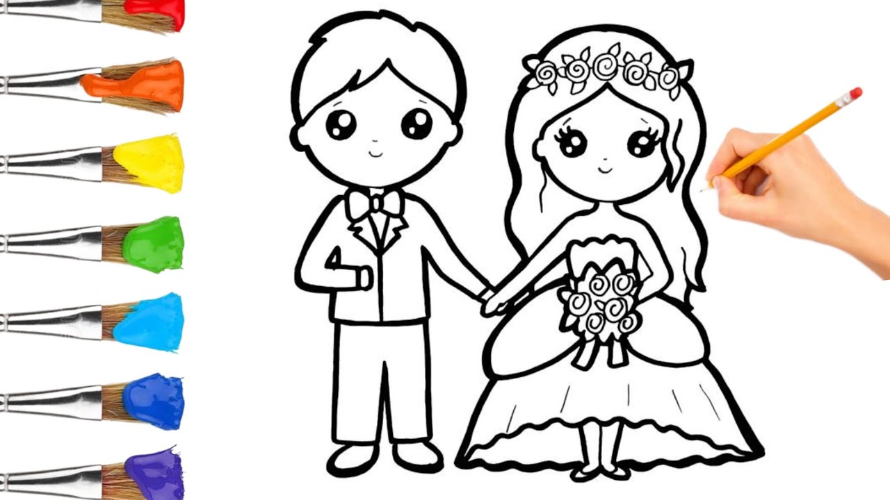 Bride and groom Drawing, Painting and Colouring tutorial for Kids ...