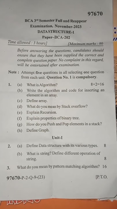 Bca 3rd semester question paper 2023 Data structure #mdu - YouTube