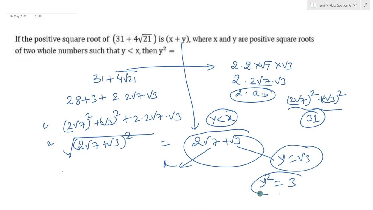 If The Positive Square Root Of 31 4 Root 21 Is X Y Where X And Y if-the-positive-square-root-of-31-4-root-21-is-x-y-where-x-and-y
